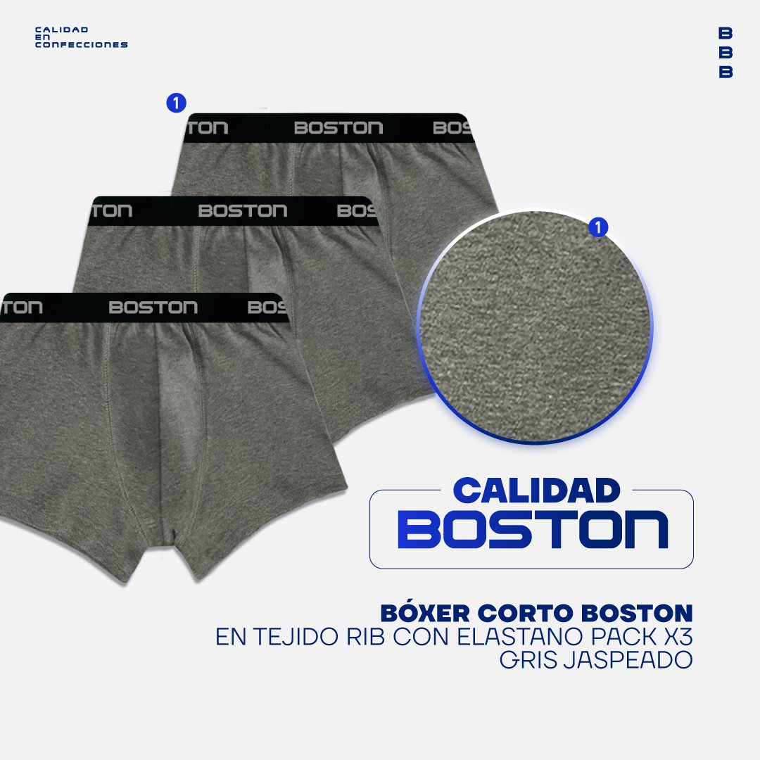 Bóxer Corto BOSTON en Tejido Rib con Elastano Pack x3 – Gris Jaspeado ...
